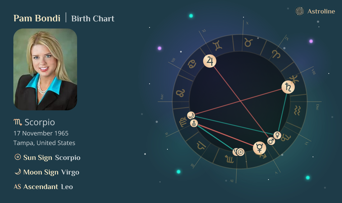 Pam Bondi Birth Charts & Zodiac Sign: Sun, Moon & Rising Signs